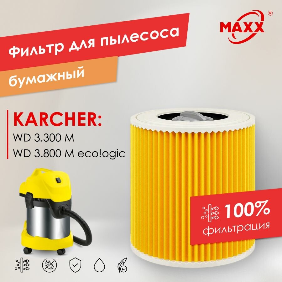 Патронный фильтр PRO бумажный для пылесоса Karcher WD 3.200, WD 3.300 M, WD 3.800 M eco! ogic