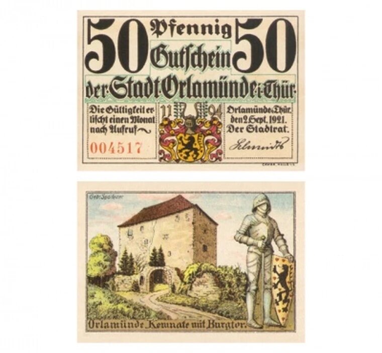 Германия 50 пфеннигов 1921 город Орламюнде, вид 3, сувенирная копия, банкноты и купюры редкие коллекционные