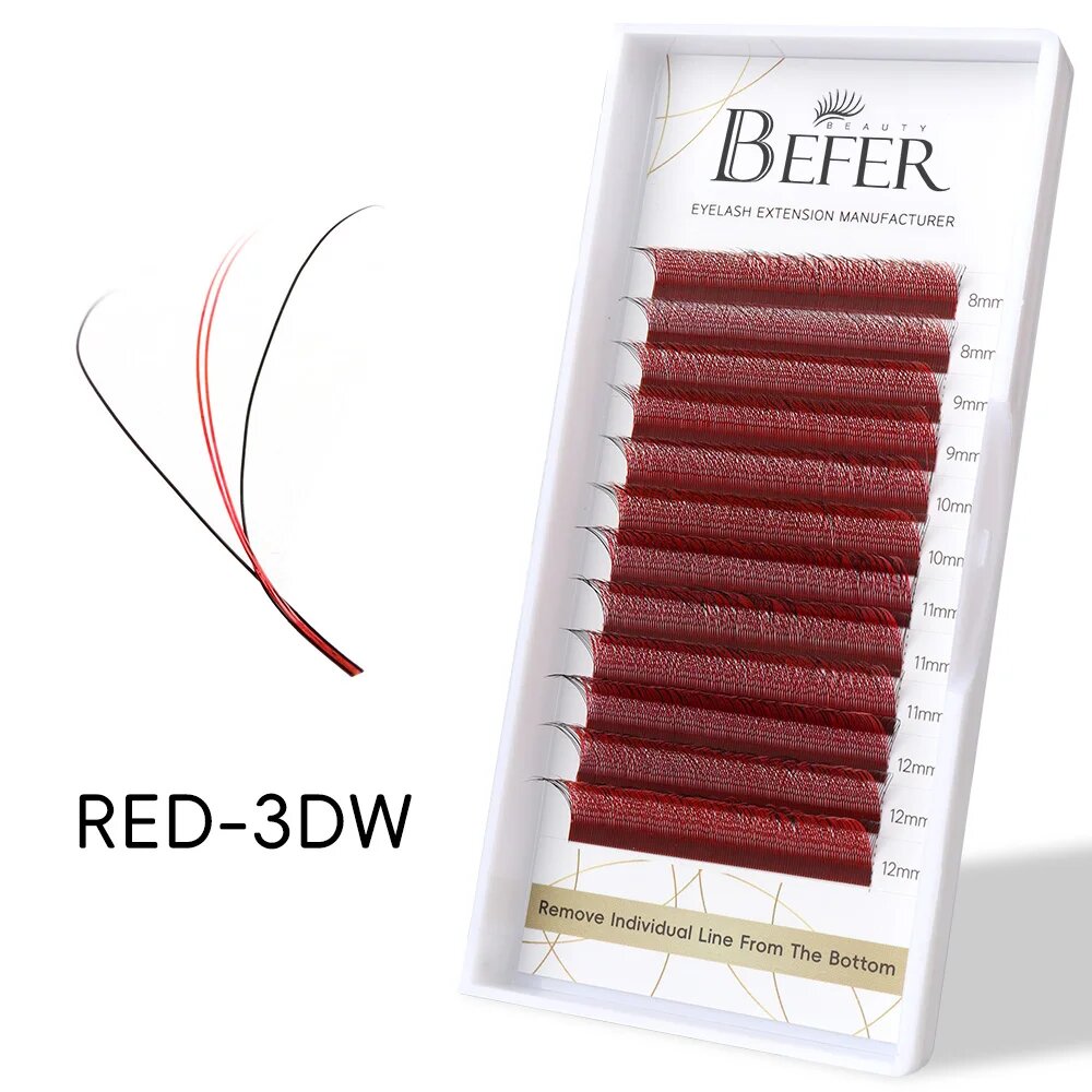 Накладные ресницы Befer розово-красные объемные 3D С, MIX(8-12), Red
