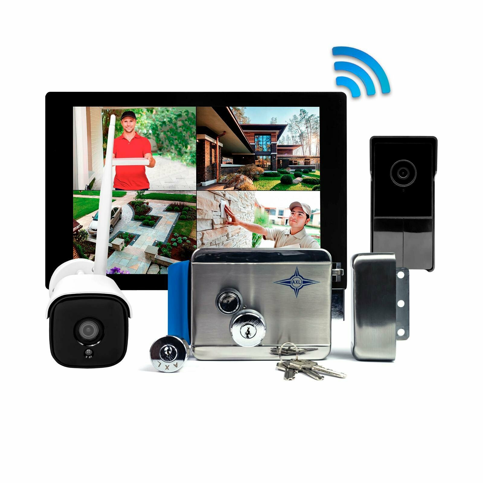 Радиоканальный видеодомофон с замком и видеокамерой - СкайНет 1000 (1+1+AX091) (N50435WI): HD Wi-Fi монитор 10 дюймов, вызывная панель, электромехан