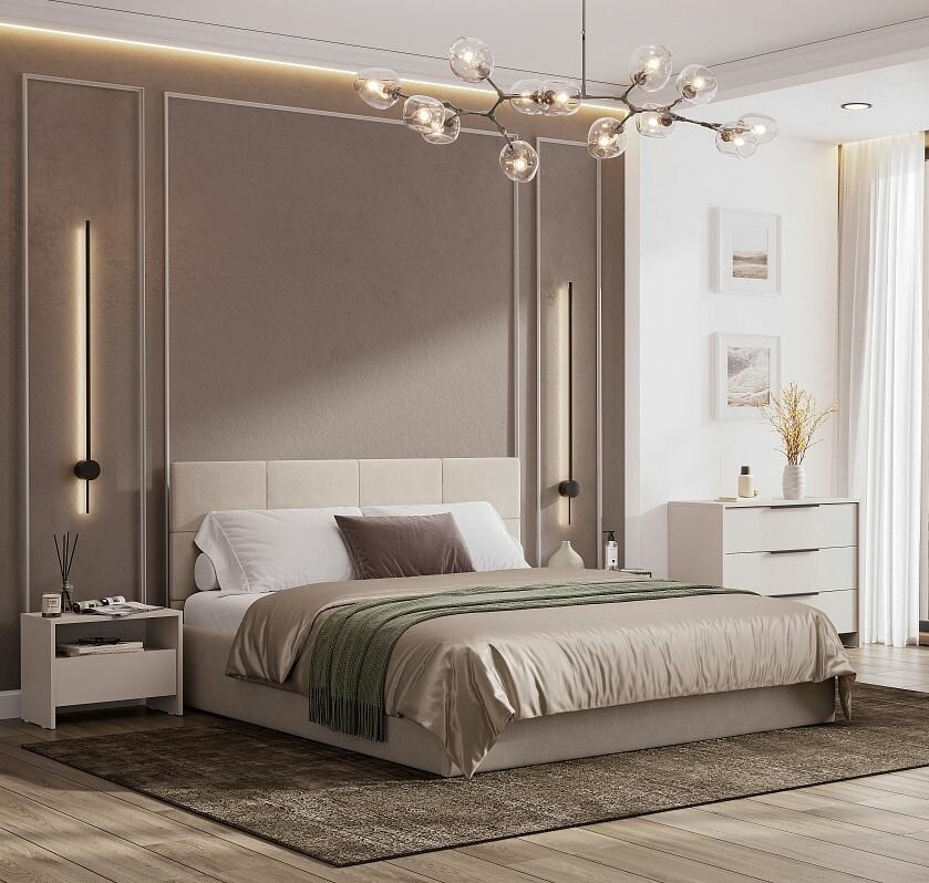 Кровать мягкая двуспальная Бежевый велюр (1600*900*2000), основание в комплекте