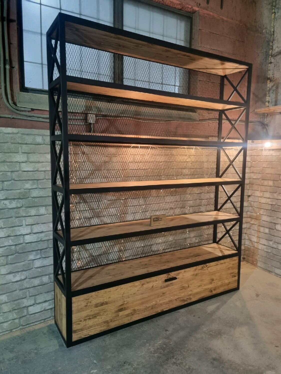 Стеллаж "EasyLOFT" в стиле лофт с сеткой и ящиком, 200х40х250 см.