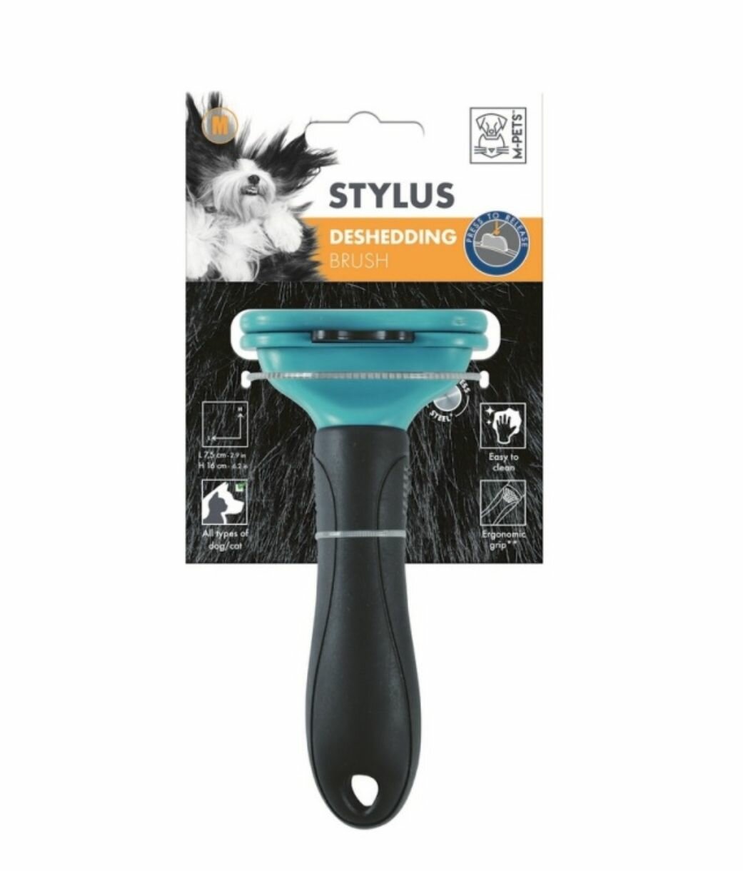 M-PETS Щетка-дешеддер / пуходерка для вычесывания кошек и собак мелких, средних и крупных собак, размер M, 7,5x16 см