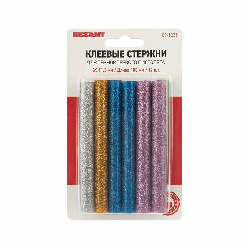 Клеевые стержни REXANT, цветные с блестками, 12шт, длина 10см, диаметр 11мм