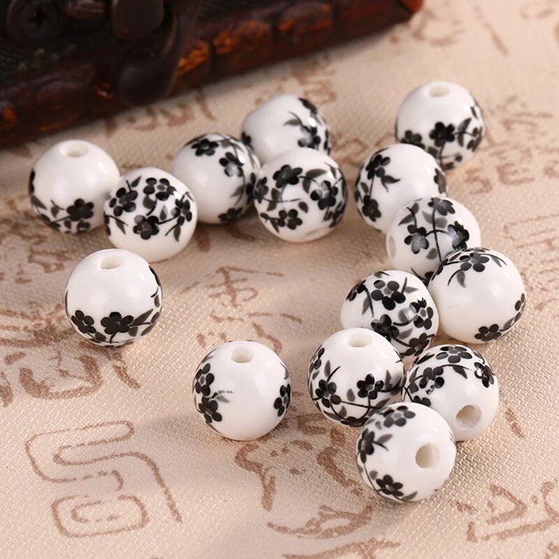 Керамические бусины Siancolary 10 шт, цветочный узор, 6-12 мм Белый, 6mm, 11 Black