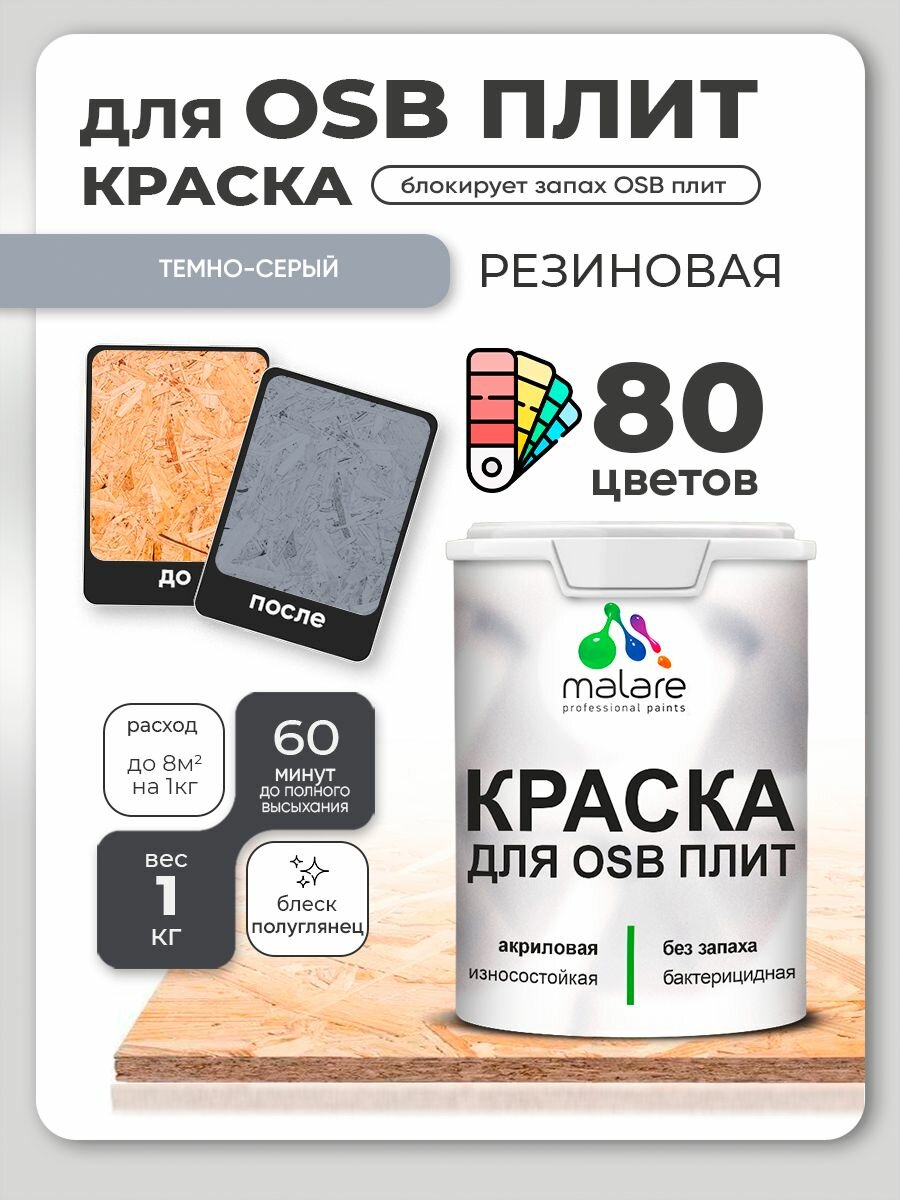 Резиновая краска для ОСБ плит Malare акриловая краска для дерева для наружных и внутренних работ, быстросохнущая без запаха полуглянцевая, темно-серый, 1 кг