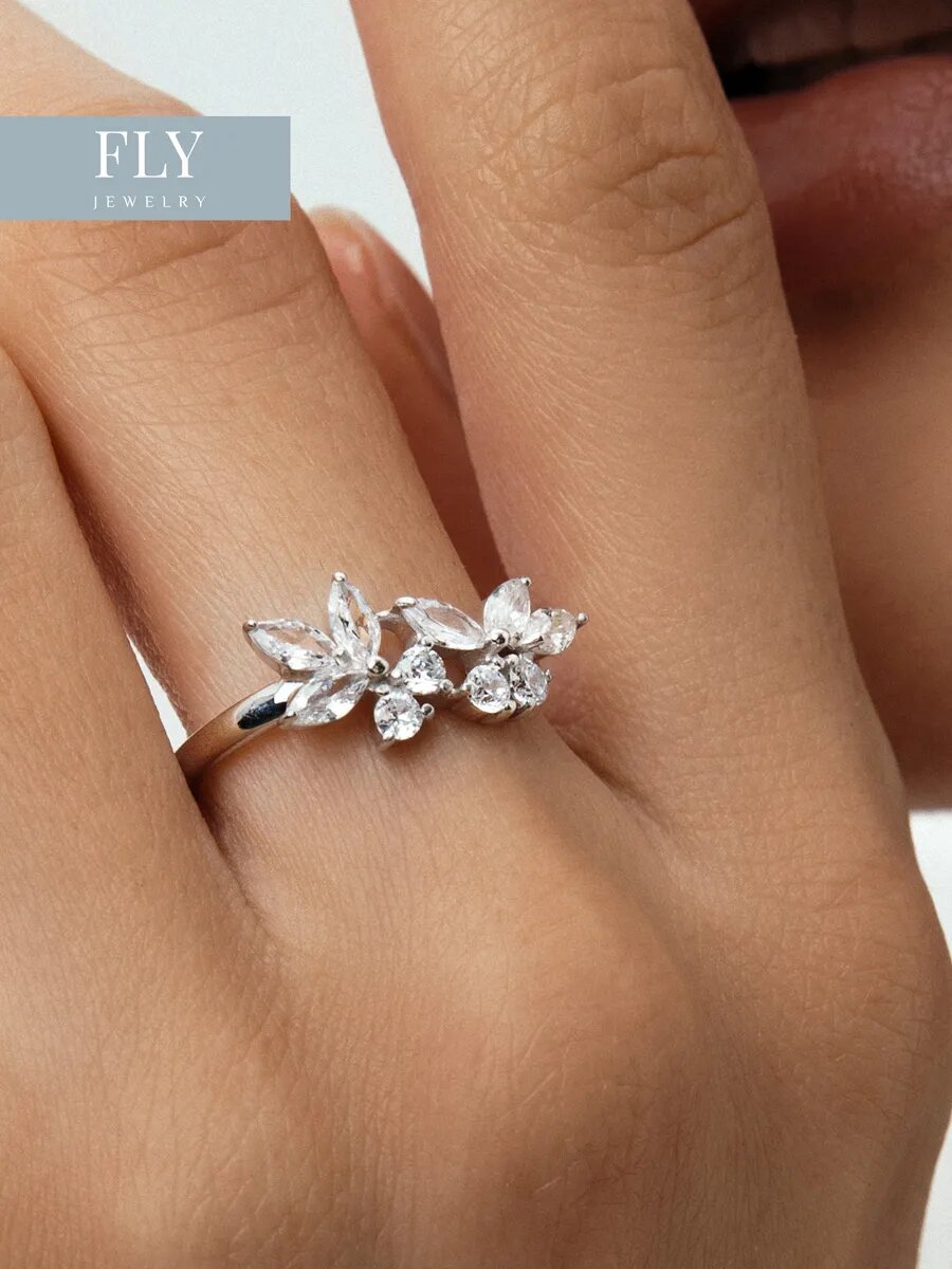 Кольцо на фалангу, серебро, 925 проба, родирование, фианит