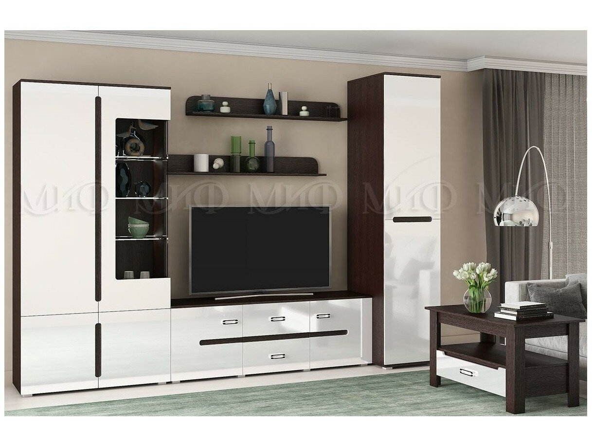 Модульная гостиная, композиция 1, (Белый глянец, Венге) ЛДСП