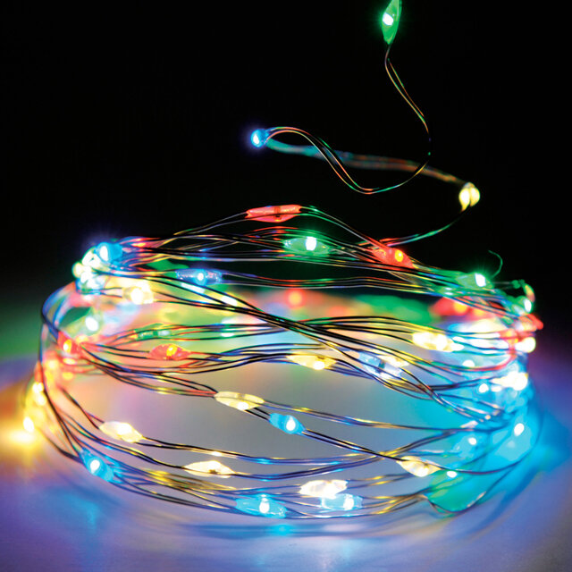 Светодиодная гирлянда Капельки на батарейках 1 м, 10 разноцветных мини LED ламп, серебряная проволока, IP20, Koopman, AX9703000