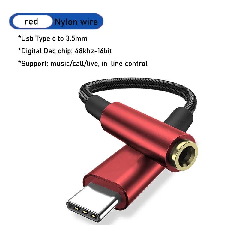 Usb Type C 3,5 мм Aux адаптер Usbc разъем для наушников для Oppo Reno 12 F27/K12 Find X7 red nylon