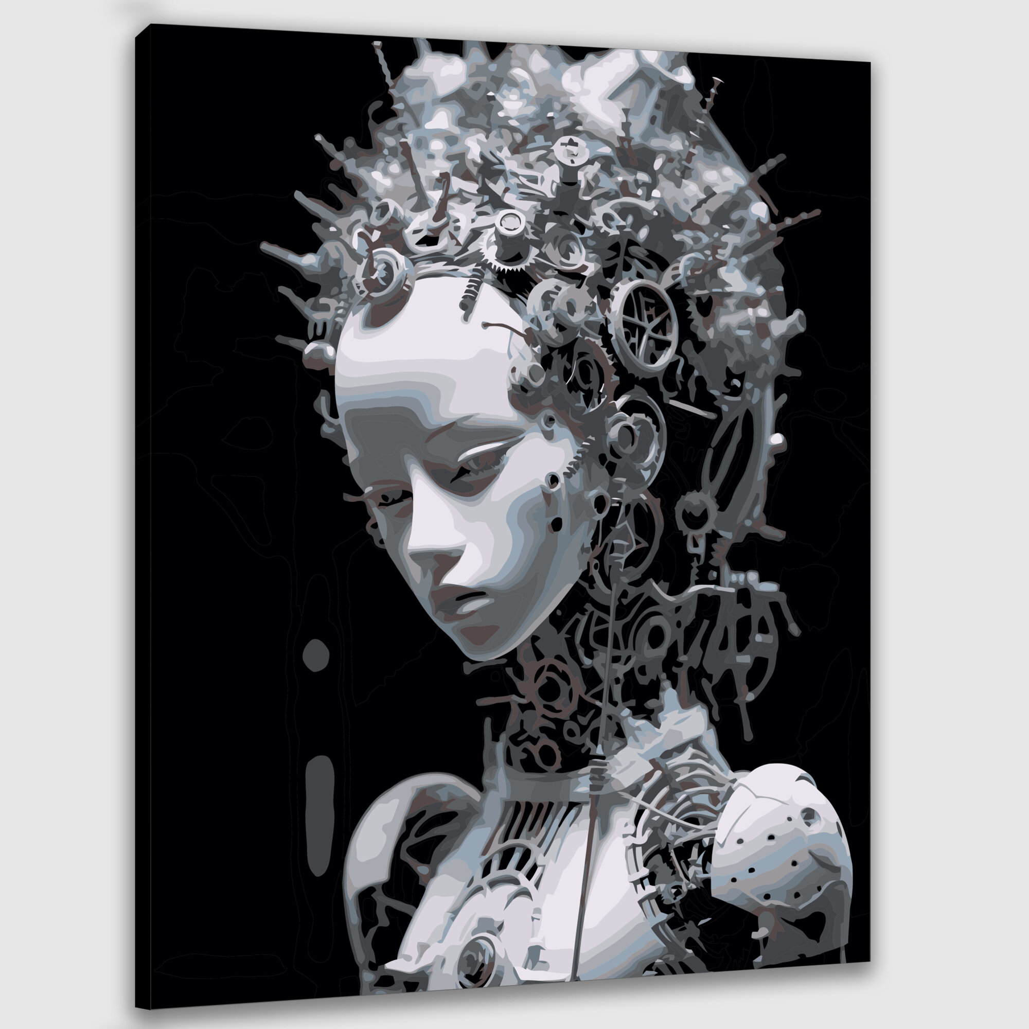 Картина по номерам 40x50 см, скульптура, кукла, механические конечности, фарфоровое лицо, переработанные материалы