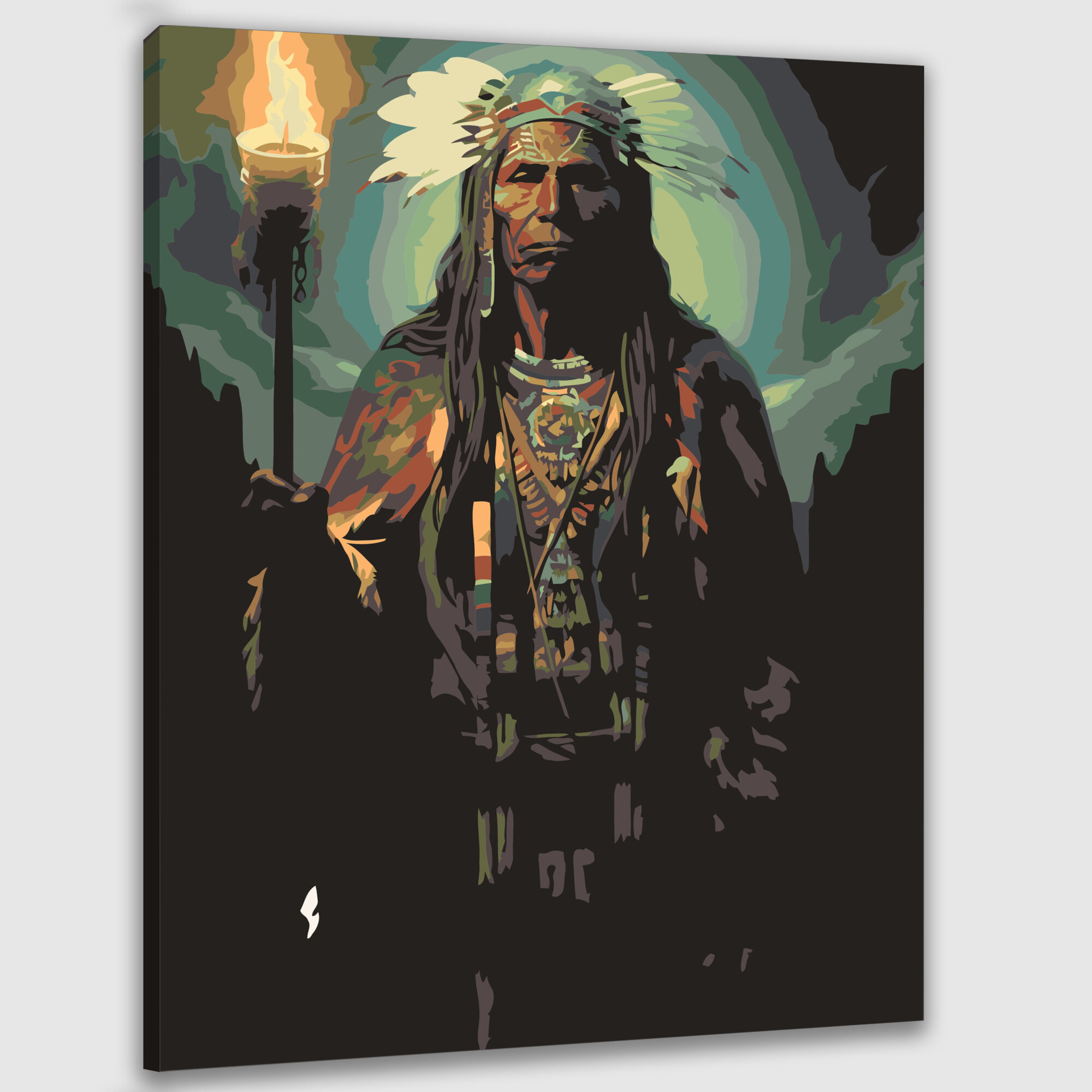 Картина по номерам 40x50 см, шаман, ритуал, пустыня, лунный свет, традиционная одежда, священный посох, лицо