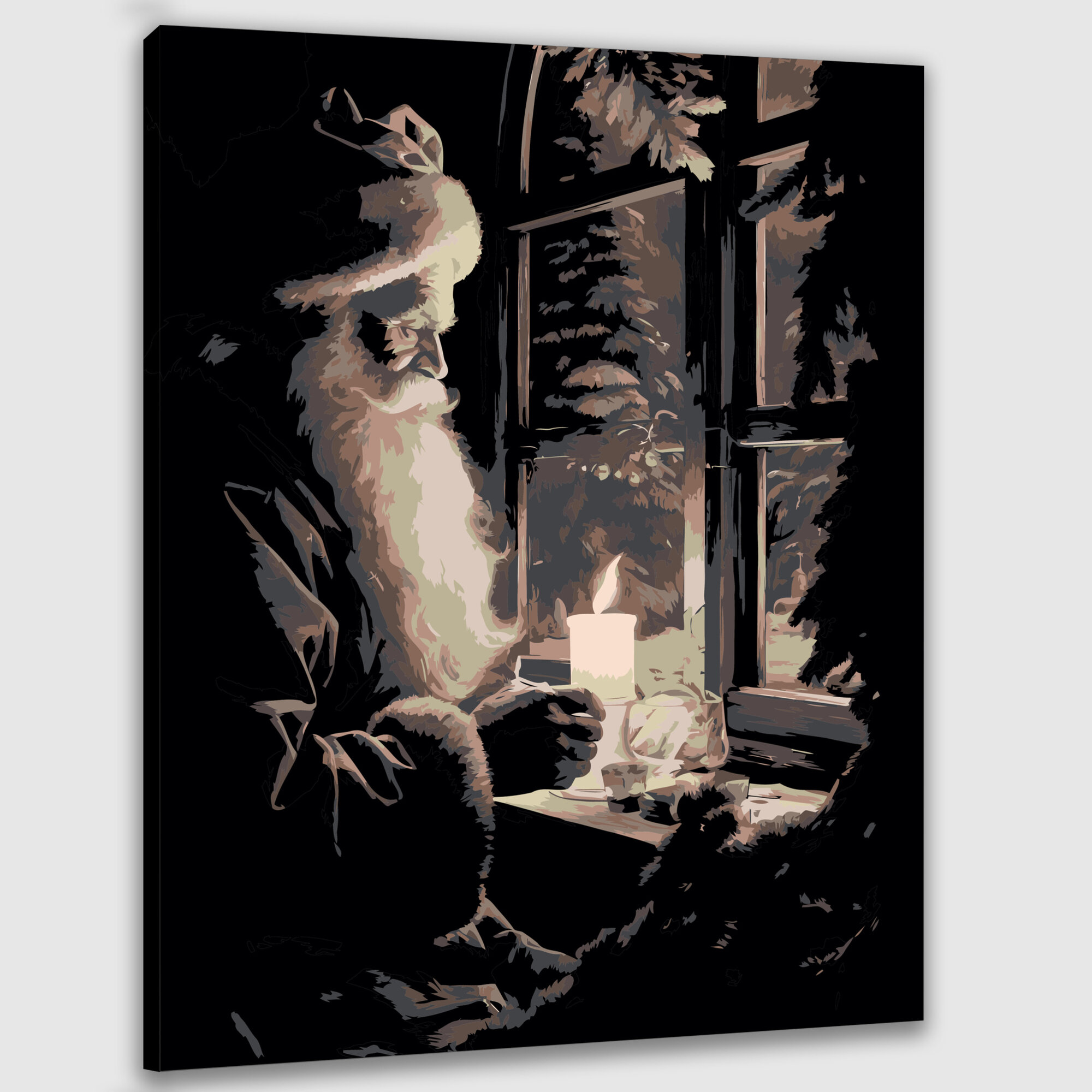 Картина по номерам 40x50 см, уголь, Санта-Клаус, деревенский дом, штрихи, линии, теплота, характер, свет свечей, тени