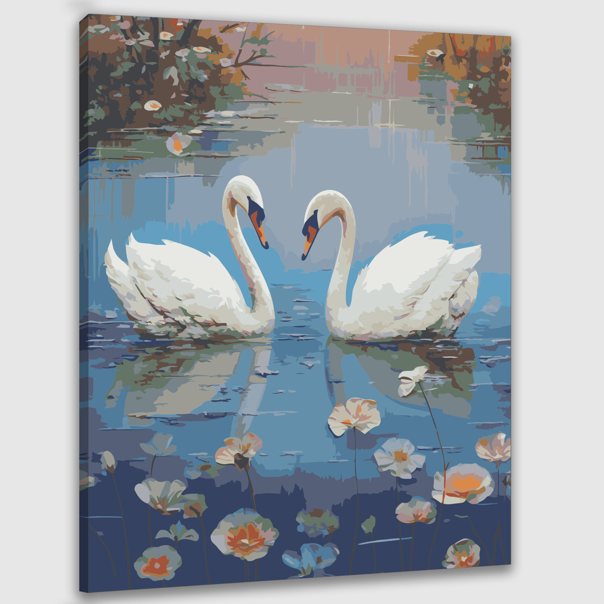 Картина по номерам 40x50 см, картина, смешанная техника, лебеди, озеро, рассвет, бумажный коллаж, акриловая краска