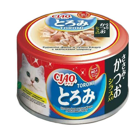 INABA Ciao Toromi 12 шт по 80 г влажный корм для кошек куриное филе с тунцом кацуо и мальками ширасу в бульоне