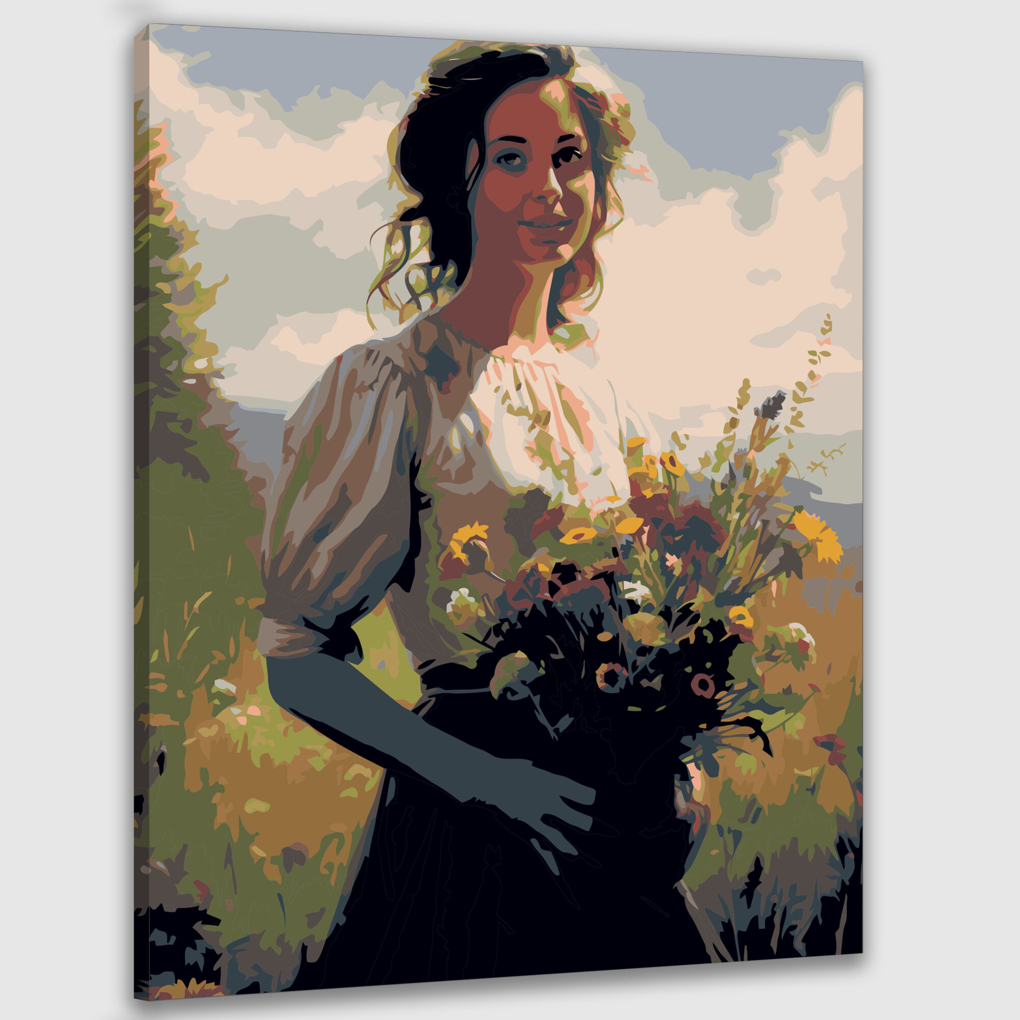 Картина по номерам 40x50 см, женщина, фотография, высокое разрешение, солнце, луг, букет, полевые цветы, яркие цвета