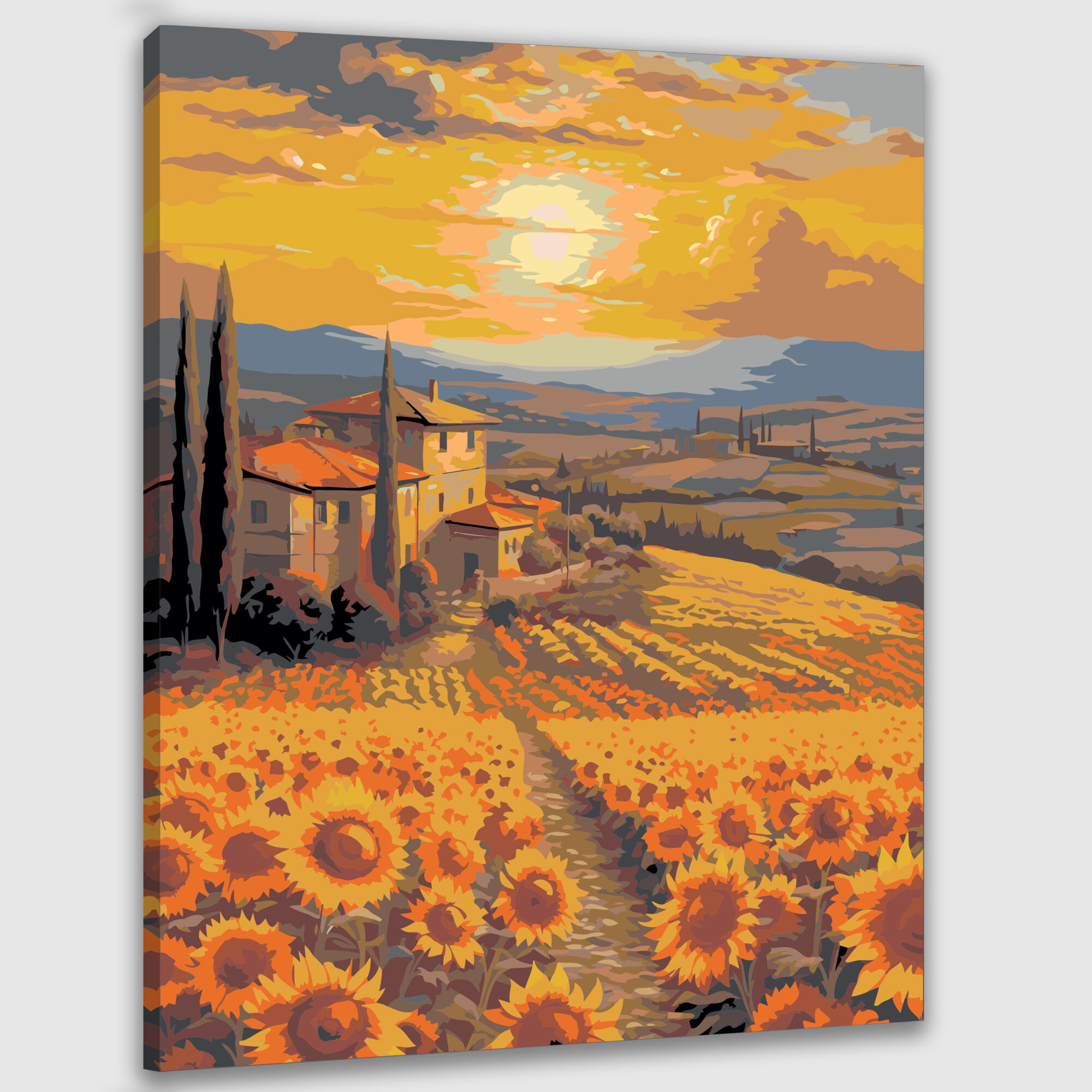 Картина по номерам 40x50 см, картина, масло, красота, итальянская сельская мест, поля, подсолнухи, горизонт, холмы