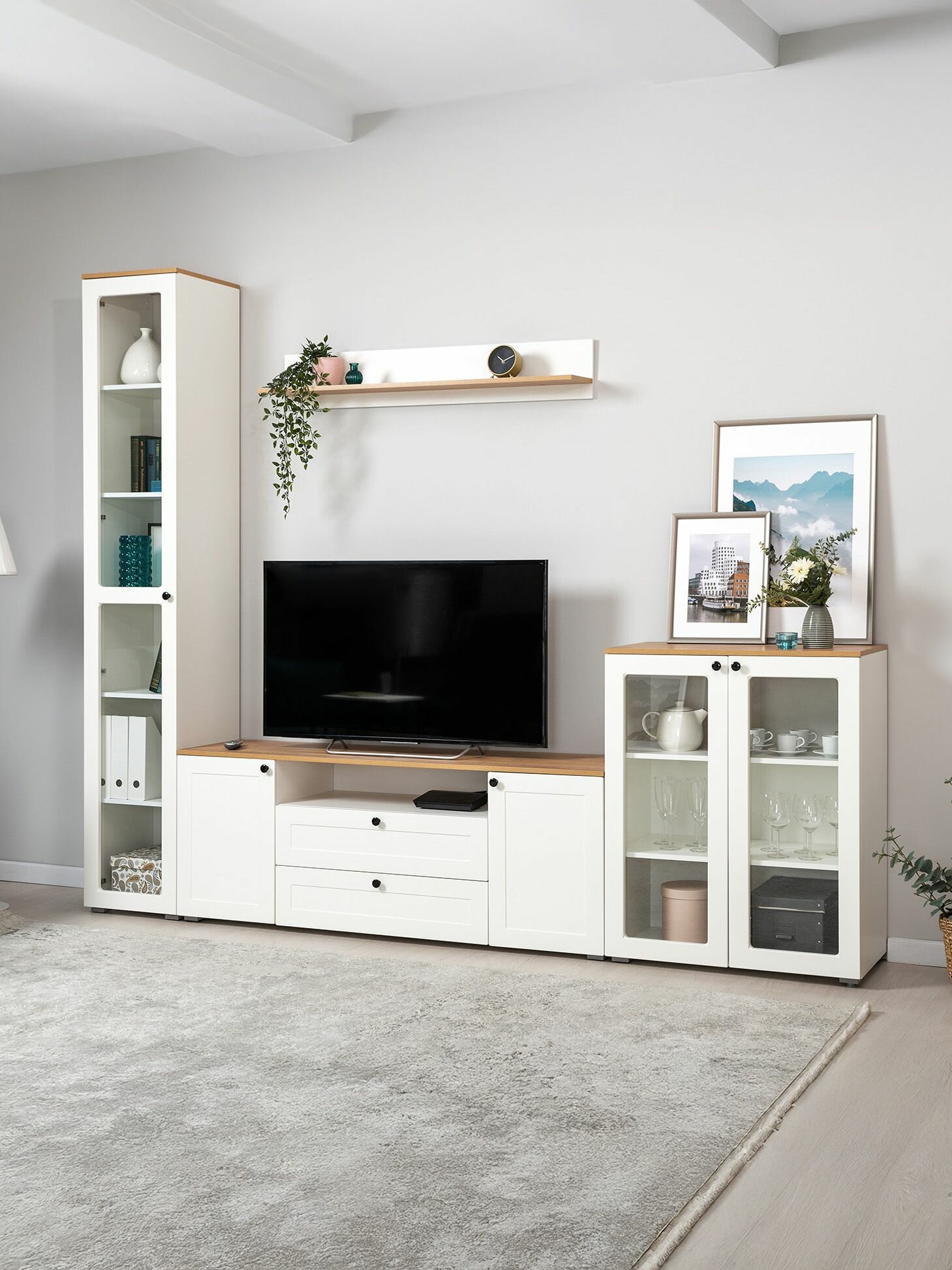 ARNIKA Стенка в гостиную Валенсия, тумба под телевизор, шкаф пенал, витрина, 280х41.9х229.6 см, белый