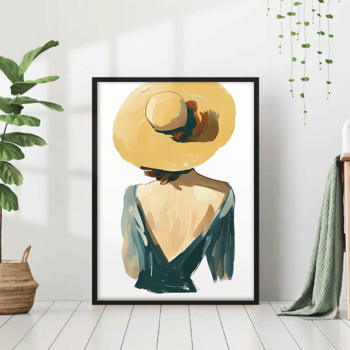 Постер "Девушка в шляпке акварель" в черной рамке 40х50 см для интерьера на стену