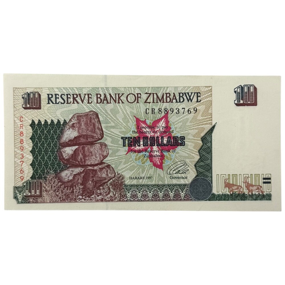 Зимбабве 10 долларов 1997 г. (Серия CR) (Брак - Сдвиг печати)