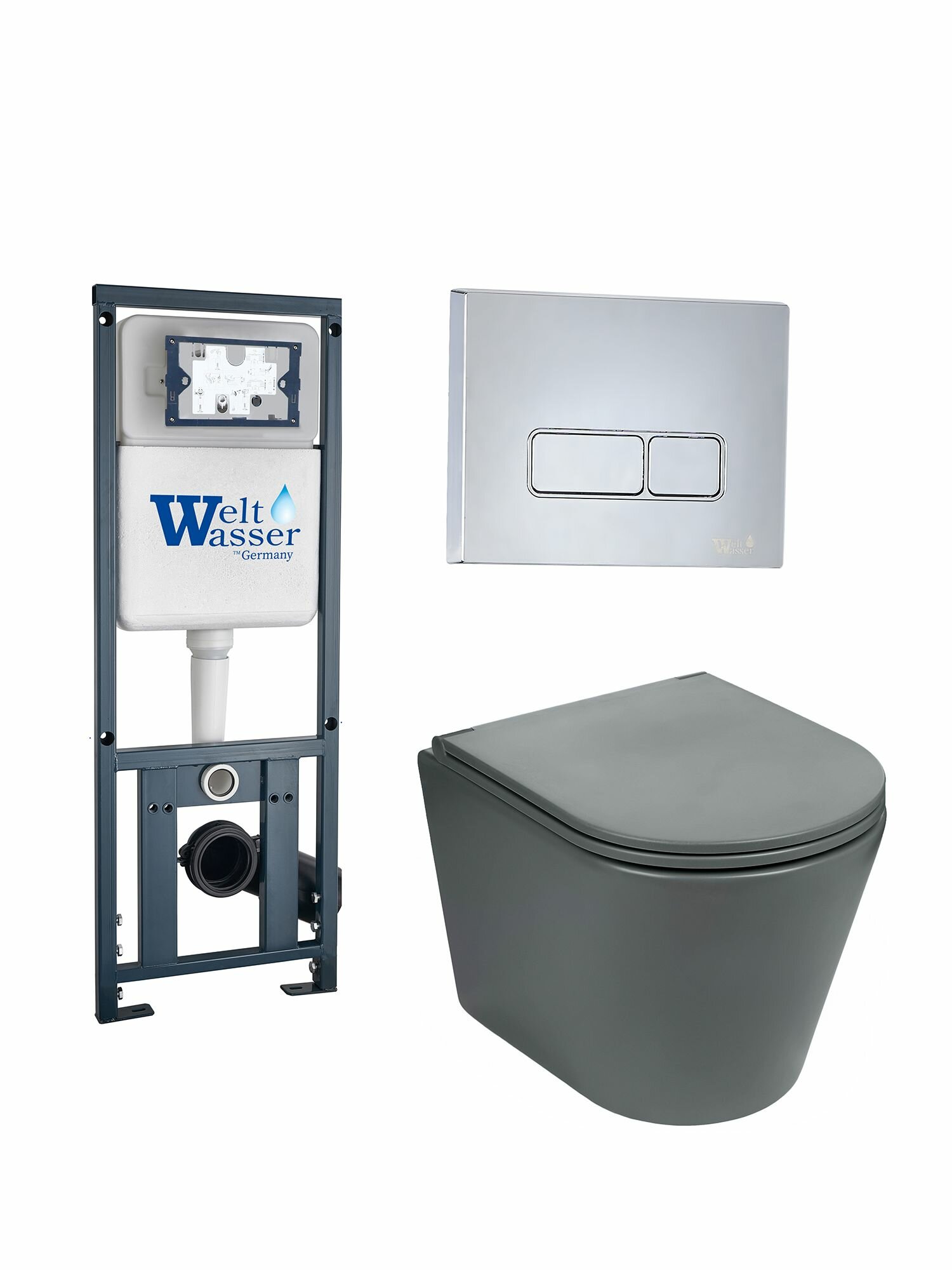 Комплект 6 в 1 WeltWasser: подвесной унитаз SALZBACH 043 MT-GR серый+кнопка смыва MAR 410 SE-CR хром+инсталляция MARBERG 410