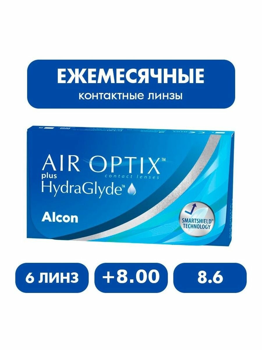 Alcon Air Optix Plus Hydraglyde (6 линз), 8.6, +8.00