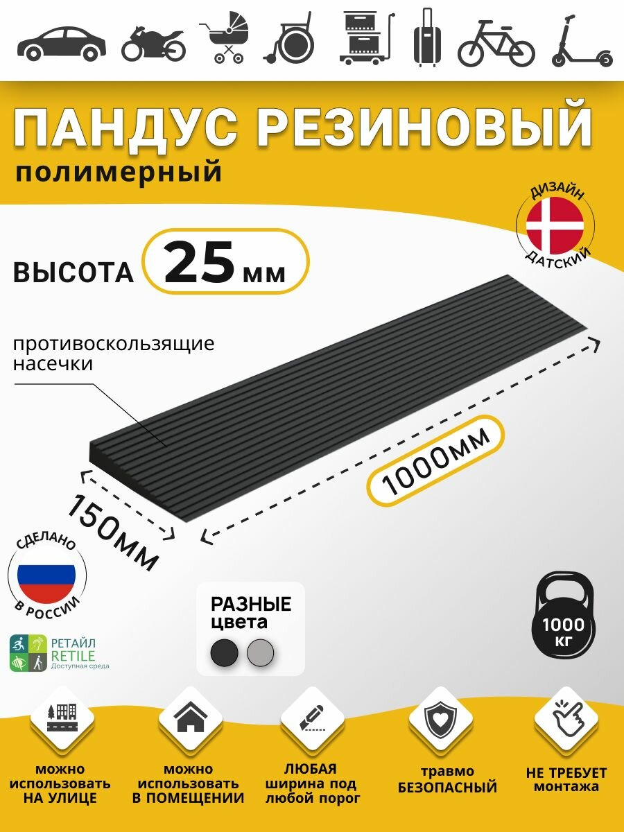 Пандус резиновый рубеж для порогов высотой 2,5 см (25х1000х150 мм), чёрный, для колясок, склада и автомобилей