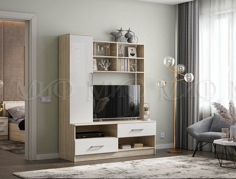 Стенка в гостиную Миф Мартина Белый глянец/Дуб крафт 1500х1892х520мм