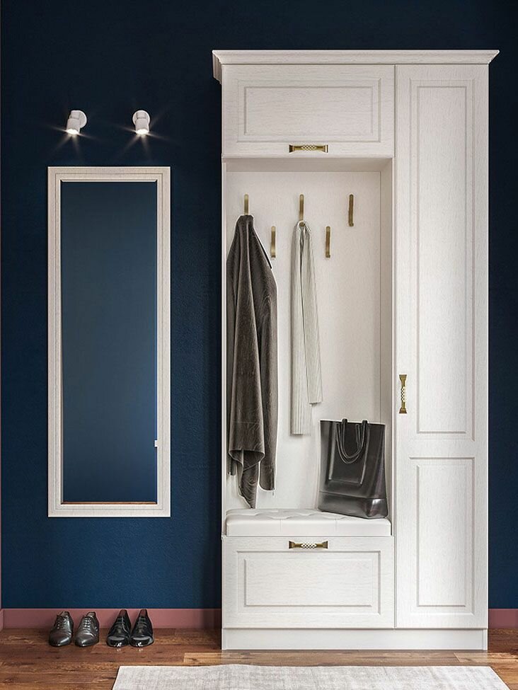 Прихожая комплект Ливерпуль со шкафом, с обувницей, с вешалкой, 108х44х224 см, Белый / Ясень ваниль С карнизом