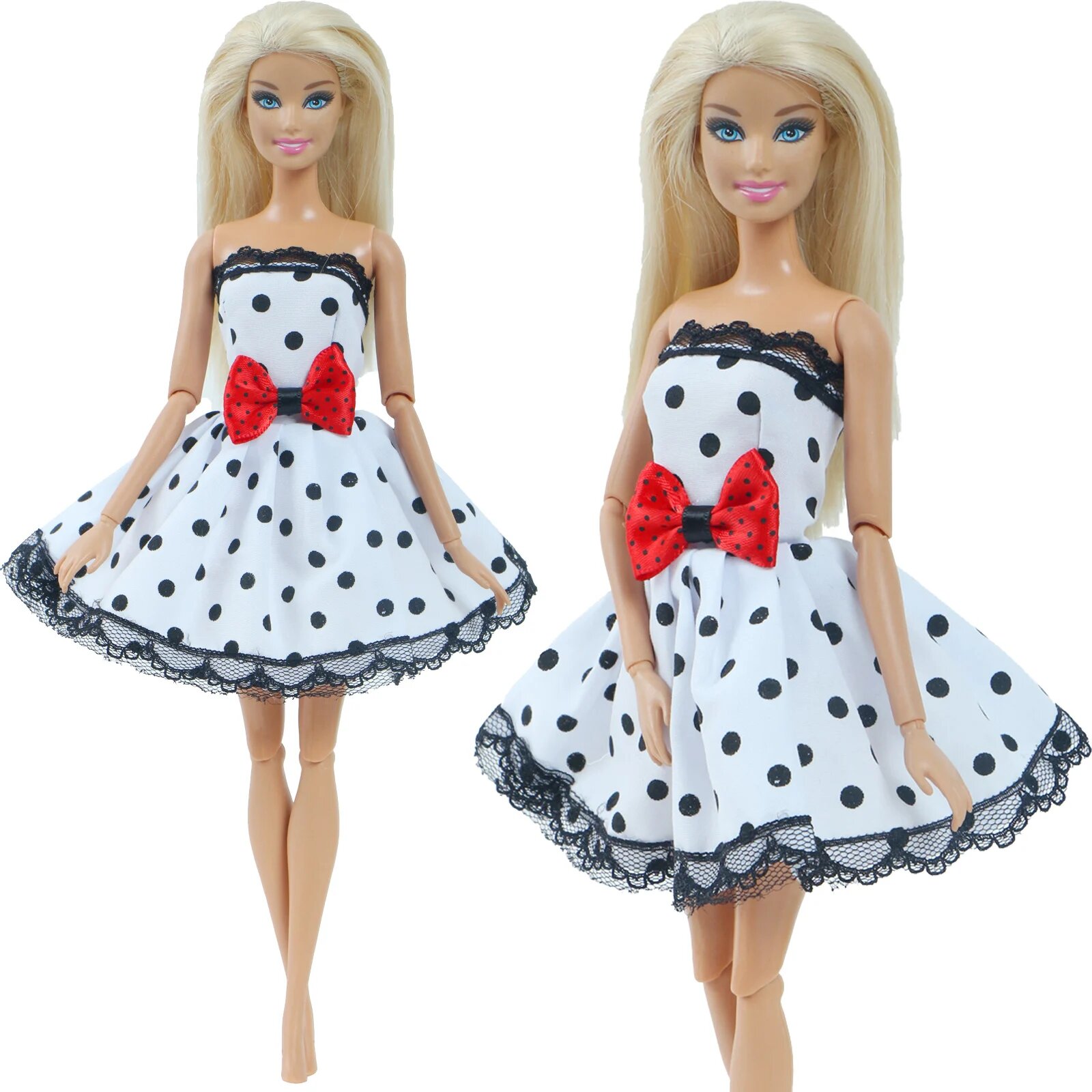 Наряд для куклы Barbie, белое платье в горошек с бантиком