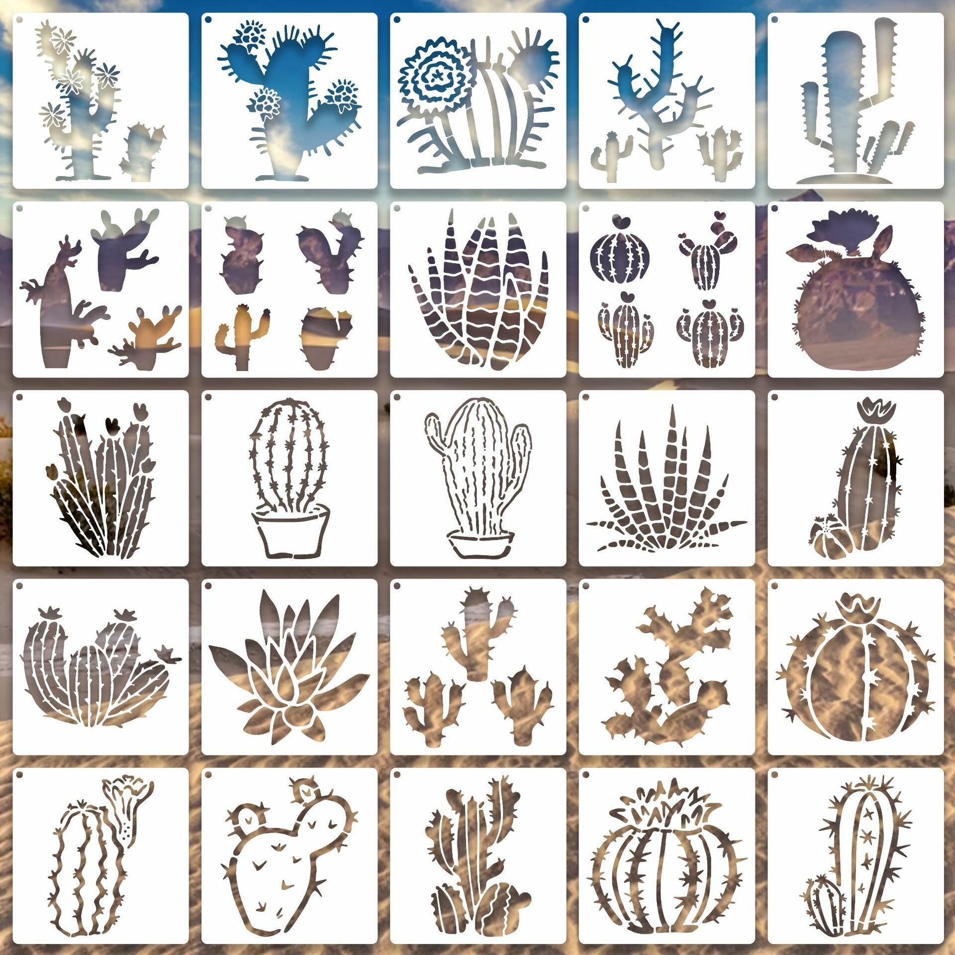 Трафарет кактус 15х15 см - 25шт разных пластиковых трафарета кактусов для творчества, граффити, одежды