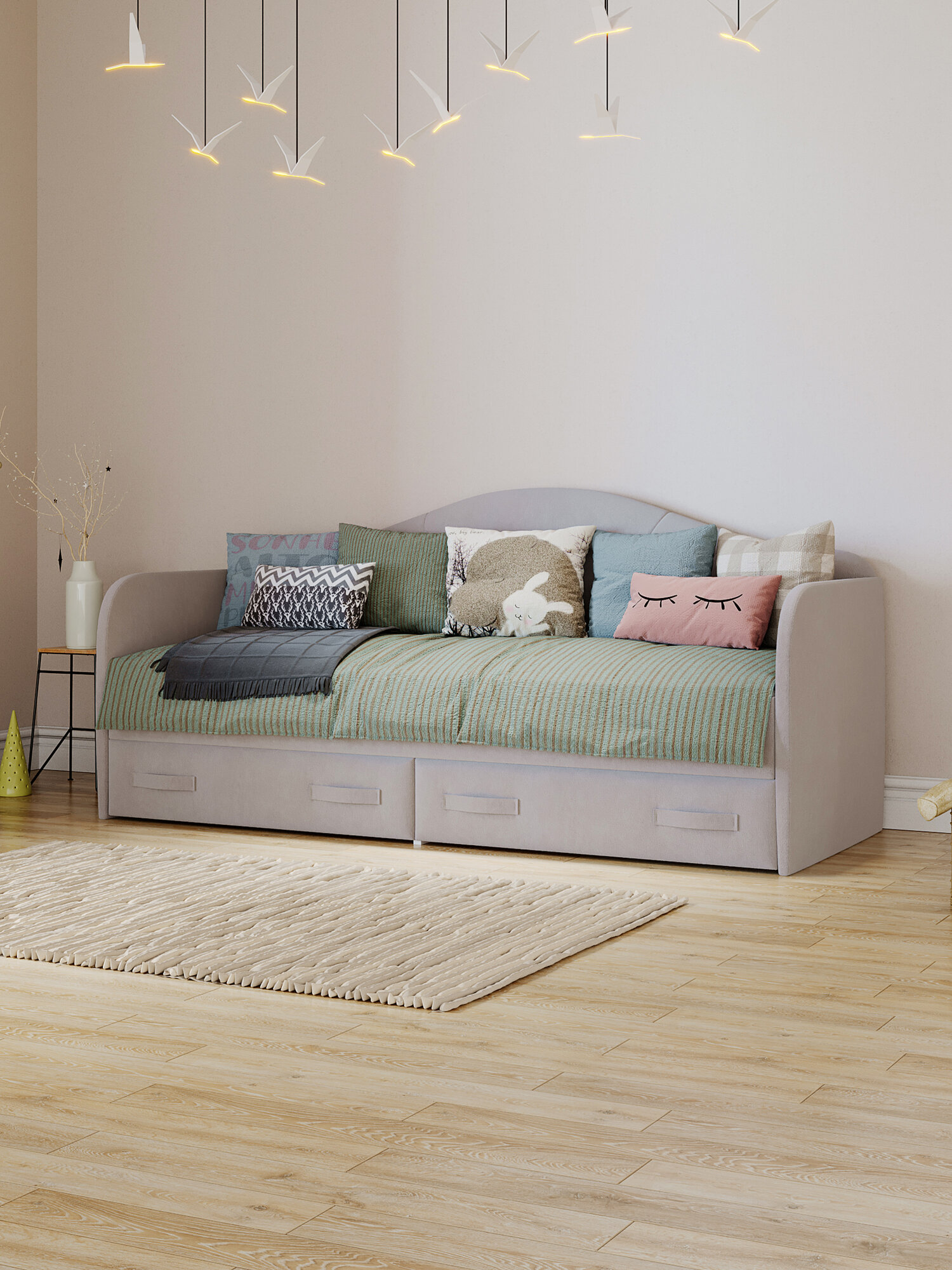 Детская кровать ТриЯ "Сабрина", мягкая обивка, серая, ЛДСП, 2 ящика, 90x200x100 см