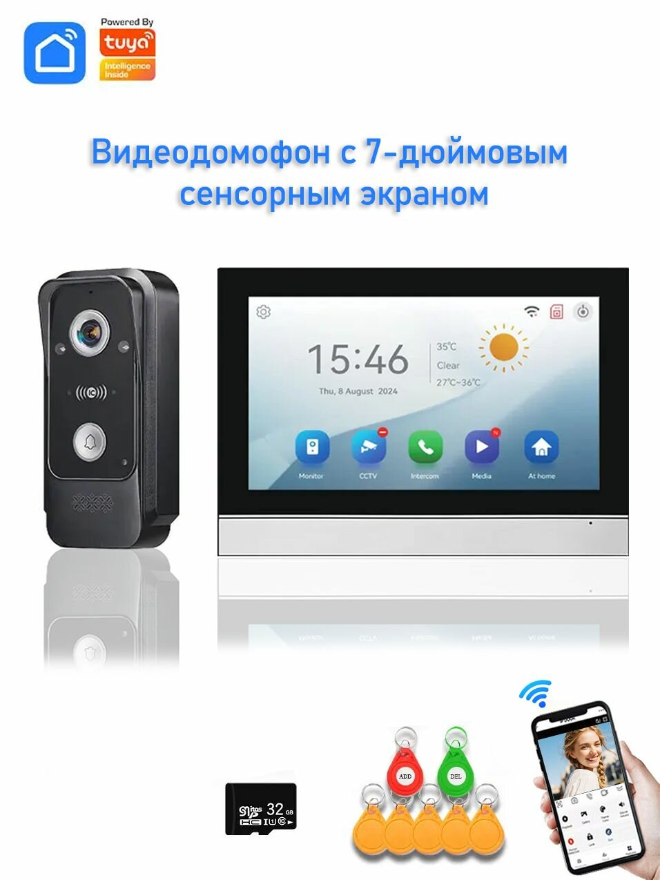 Видеодомофон Tuya SmartLife WiFi с камерой 1080P, системой разблокировки RFID и сигнализацией