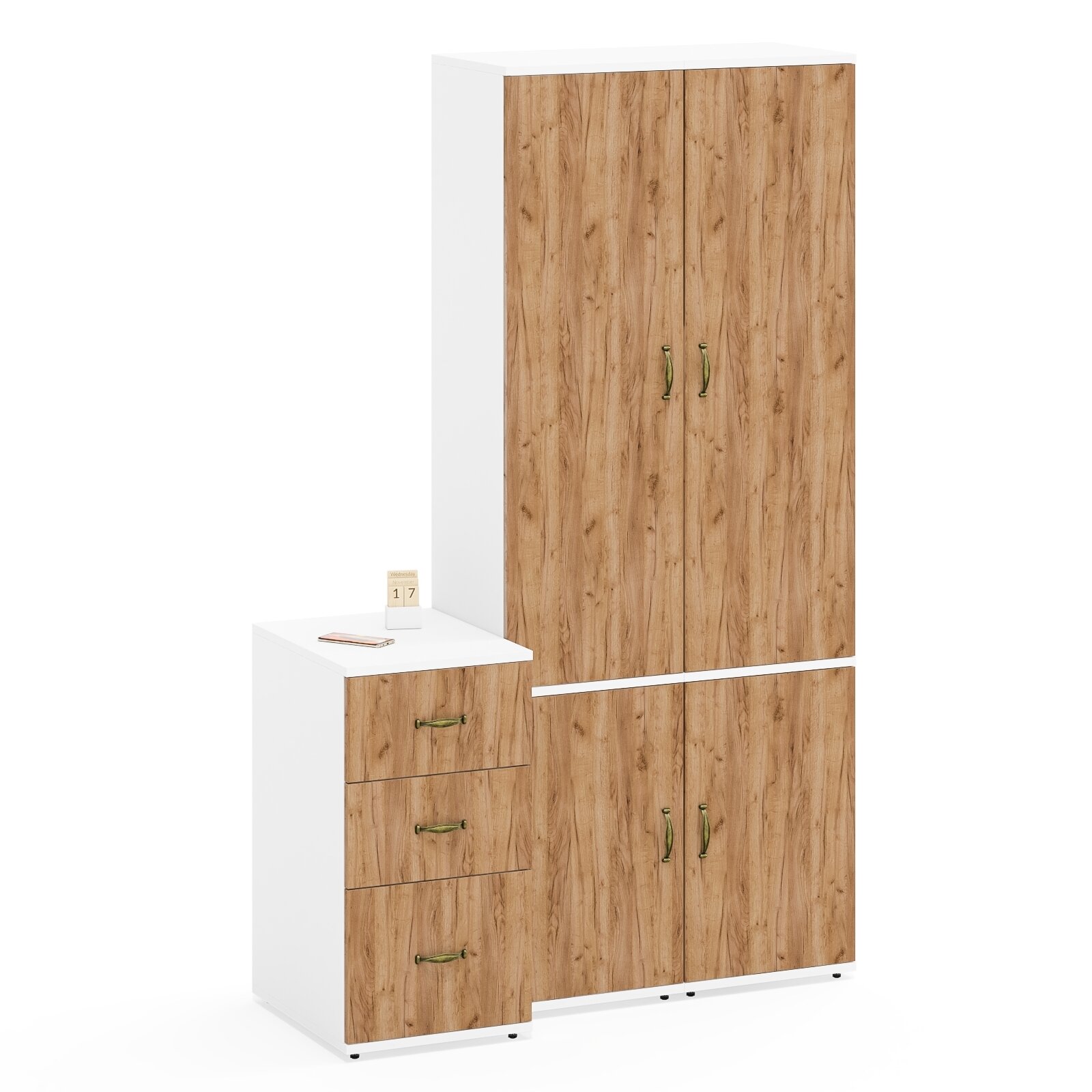 Лидер-8 два пенала для белья и одежды и тумба на 3 ящика, белый/крафт золото, 120х50х190 см.