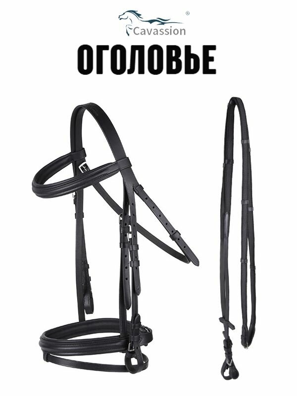 Уздечка CAVASSION, натуральная кожа, с удилами, с поводом, черная, размер S