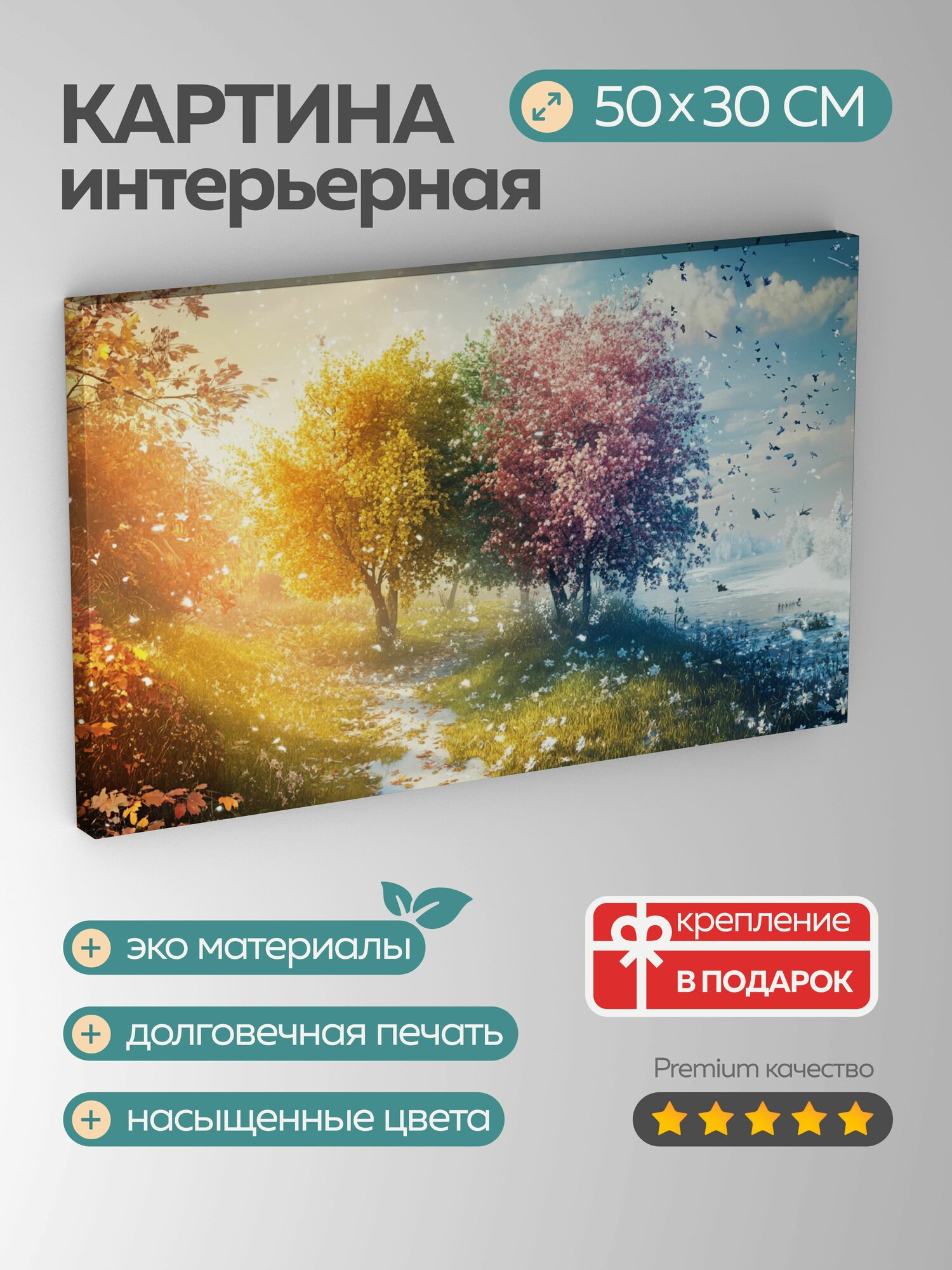 Картина на холсте интерьерная 50х30 см, времена года, цифровая картина, яркие краски, замысловатые детали, весна, лето