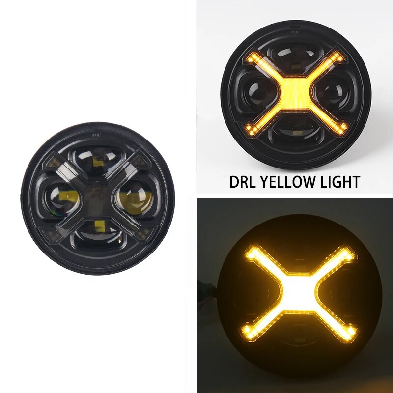 Мотоциклетная фара 5,75 дюйма, светодиодная, тонированная, X-образная, с белыми ДХО / желтыми ДХО / красными ДХО / синими ДХО и функцией «ангельские глазки» Желтый, Hz001-Xh-Y