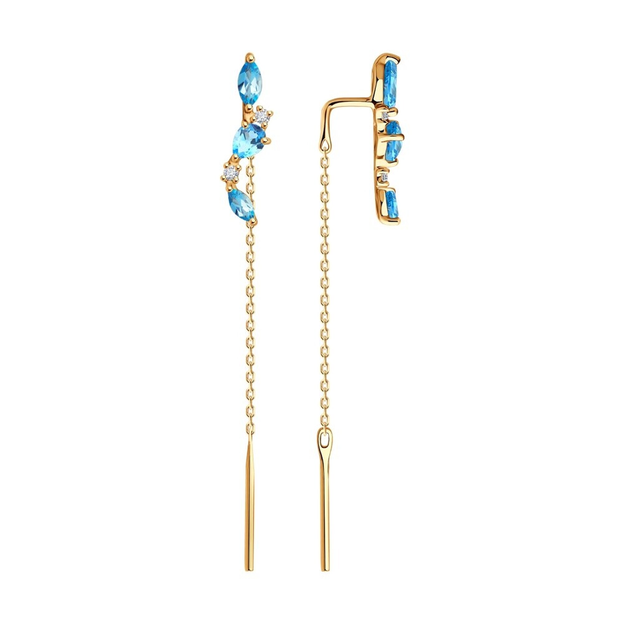 Серьги цепочки, красное золото, 585 проба, топаз, фианит