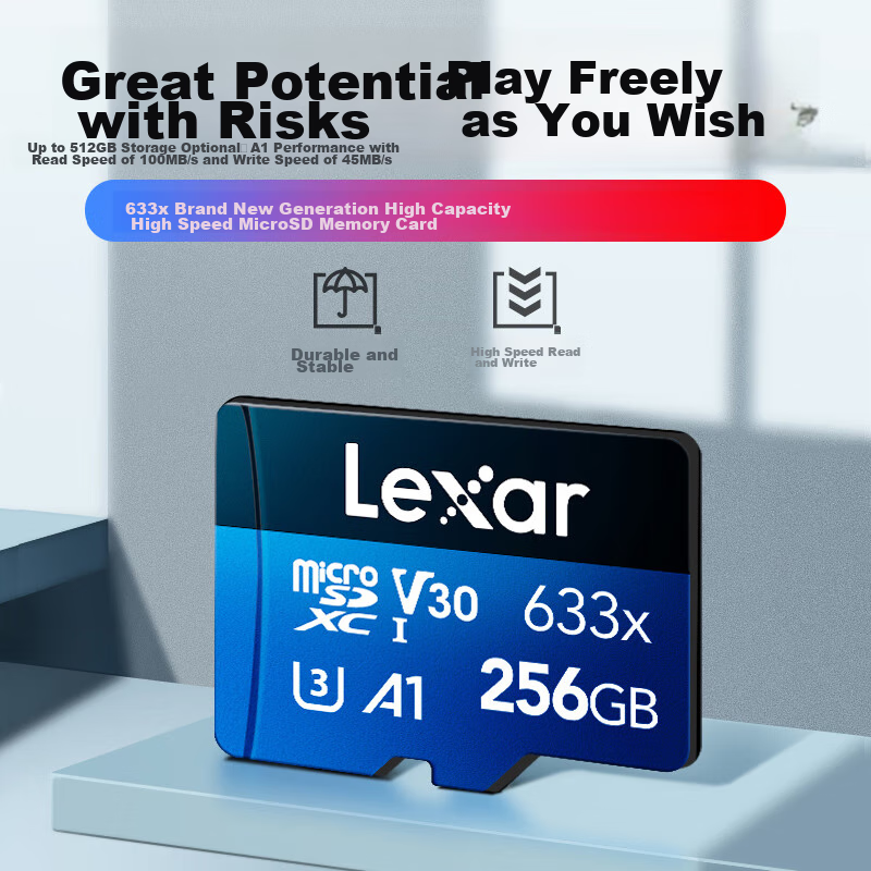 Lexar 256GB TF (MicroSD) Memory Card, C10 U3 V30 A1 High-Speed Memory Card, Read Speed 100MB/s, Durable And Stable (633x)
