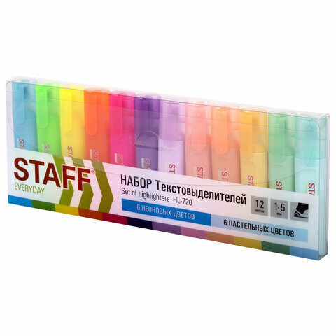 Набор текстовыделителей 12 цветов, STAFF "EVERYDAY HL-720", 6 неоновых цветов + 6 пастельных цветов, линия 1-5 мм, 152557