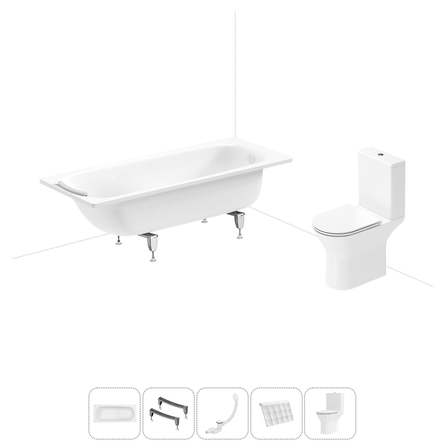 Стальная ванна 170х70 Sanitana BLB Universal 20220726R в наборе 5 в 1: металлическая ванна 170 х 70 см с шумоизоляцией, ножки, слив-перелив, подголовник, унитаз