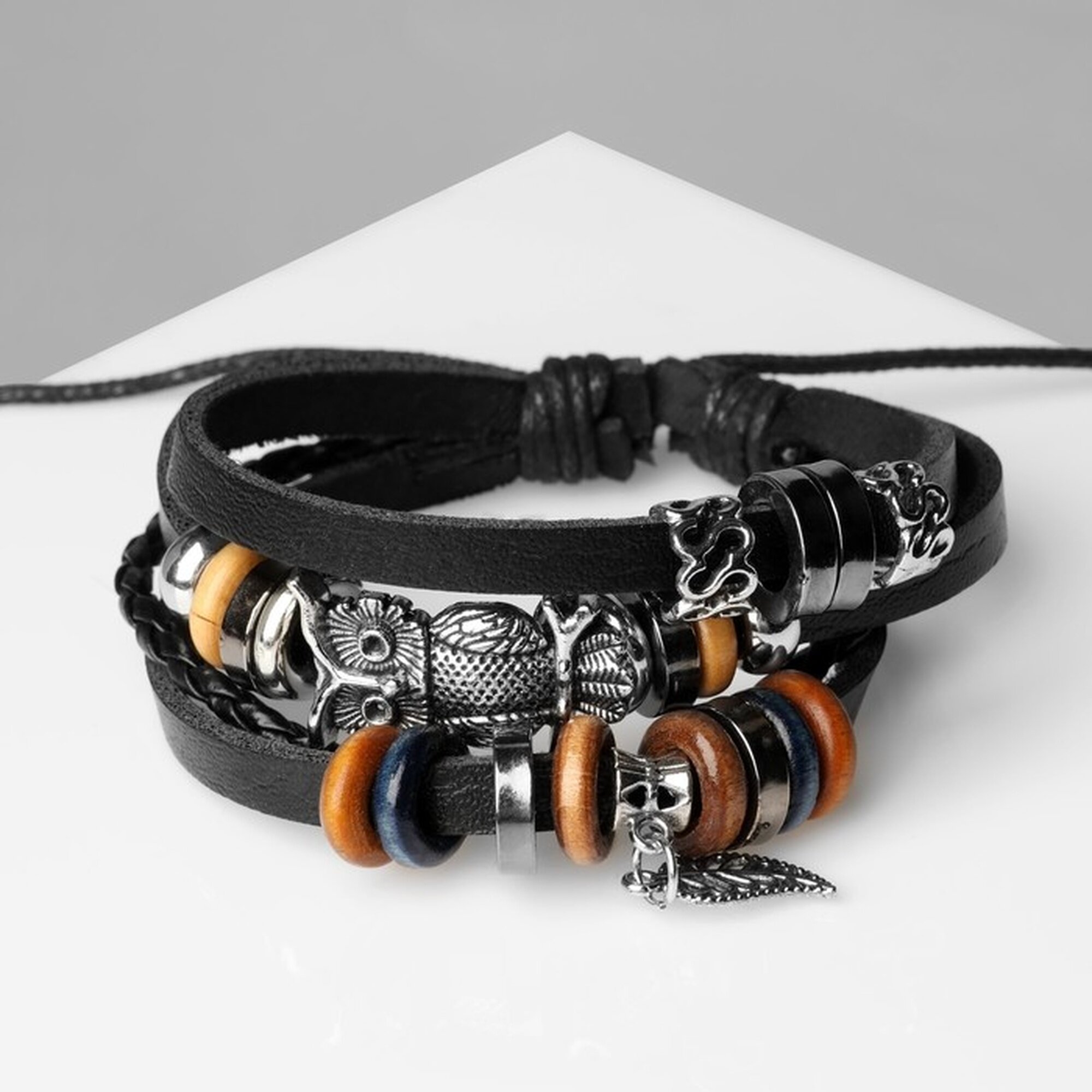 Плетеный браслет, искусственный камень, кожа, стразы, текстиль