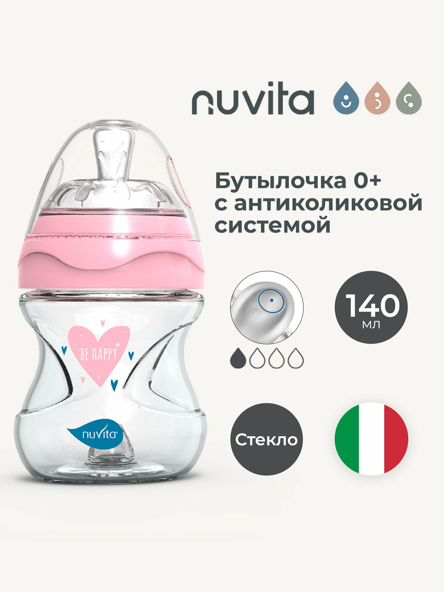 Бутылочка антиколиковая для кормления новорожденных Nuvita Glass Collection 140 мл, стеклянная, с медленным потоком, розовый