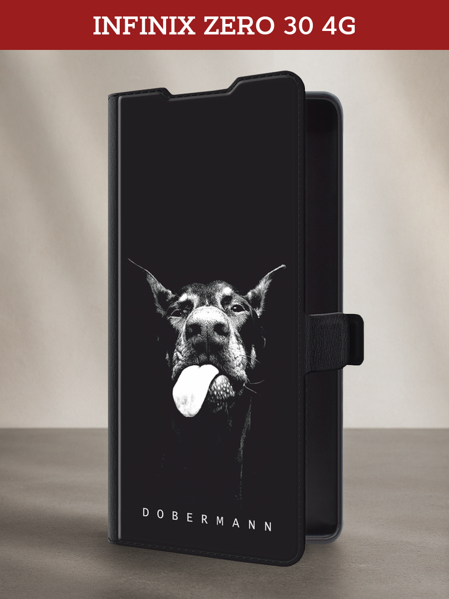 Чехол-книжка на Infinix Zero 30 4G / Инфиникс Зеро 30 4G с принтом Язык добермана, черный