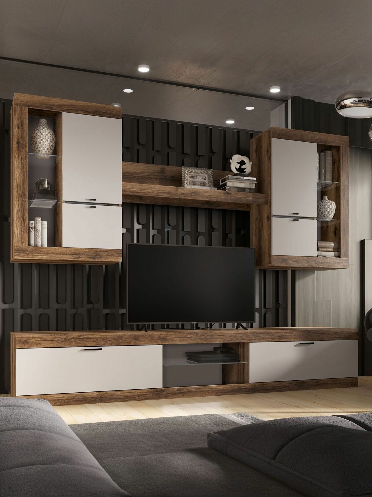 Гостиная комплект Прага, ТВ-тумба, шкаф-витрина, настенная полка, 218.6х42.6 см, Дуб Делано / Белый гладкий Без подсветки