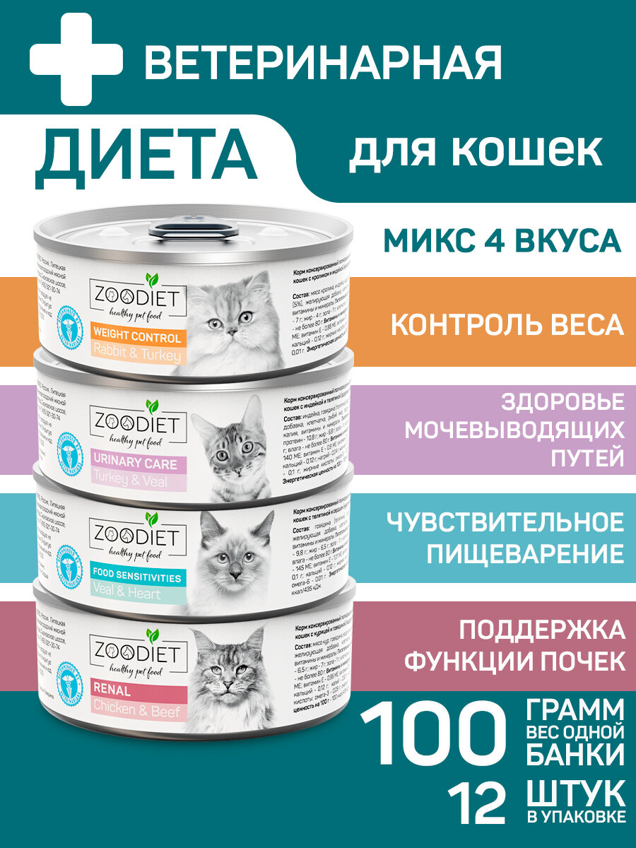 Влажный диетический корм для кошек Zoodiet Микс (тел./серд, кур./гов, инд./тел, крол./инд) 100г х 12шт