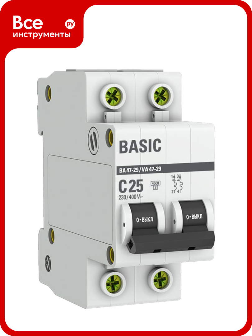Автоматический выключатель EKF 2P 25А (C) 4,5кА ВА 47-29 Basic mcb4729-2-25C, 400 В, для того
