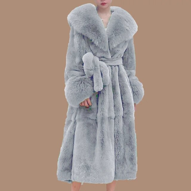 Зимняя женская длинная искусственная шуба, толстая теплая норковая шуба, пальто из перьев, свободная верхняя одежда с меховым воротником, роскошная женская одежда