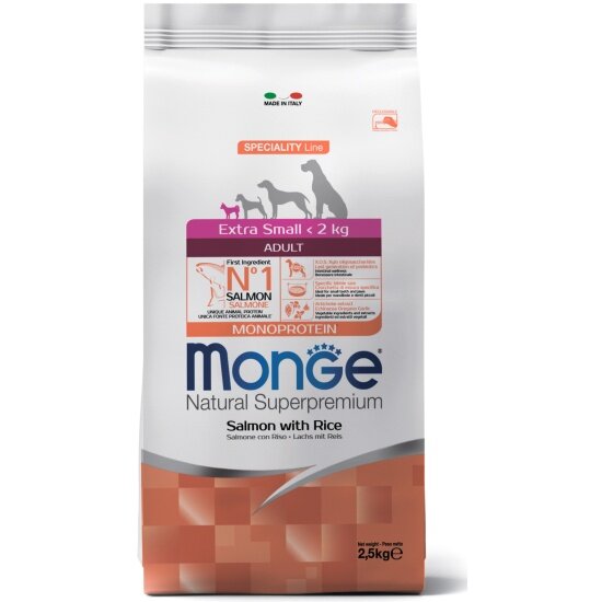 Корм Monge Speciality Line Extra Small Adult ля взрослых собак миниатюрных пород, с лососем и рисом 2,5кг