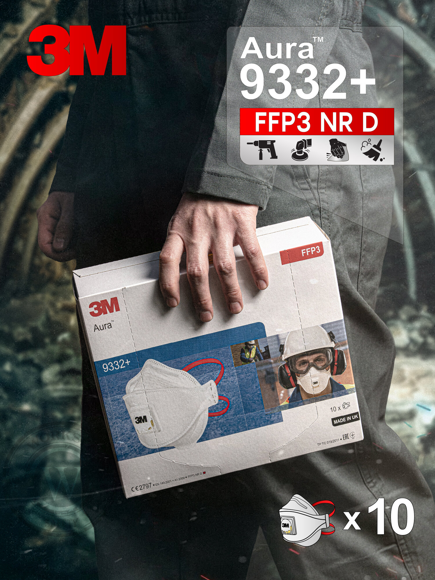 Респиратор 3М™ Aura™ 9332 / FFP3 с клапаном выдоха, 10 шт.